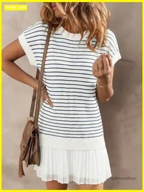 Dresses | Striped Knit Mini Sundress With Pleated Chiffon Hem Preppy ...